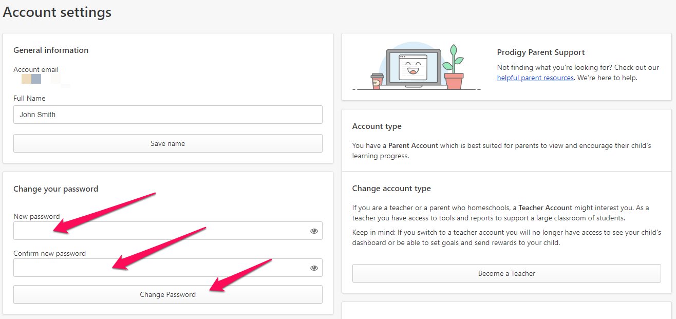Changing The Password For A Parent Account – Prodigy